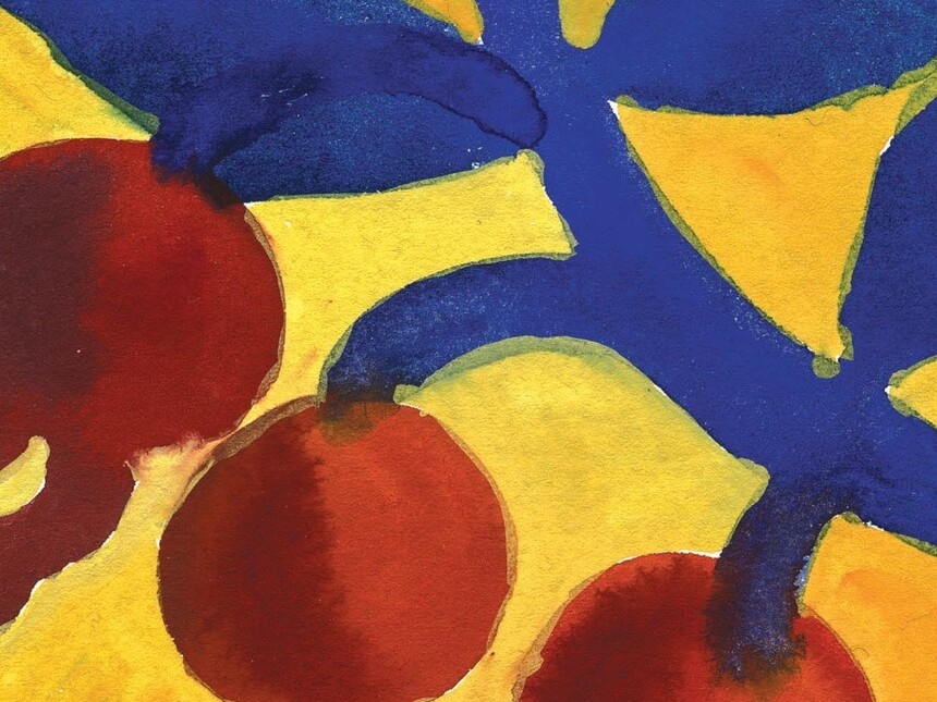 Nerys Johnson, Rosehips with Blue Stalks and Leaf on orange, gouache ...