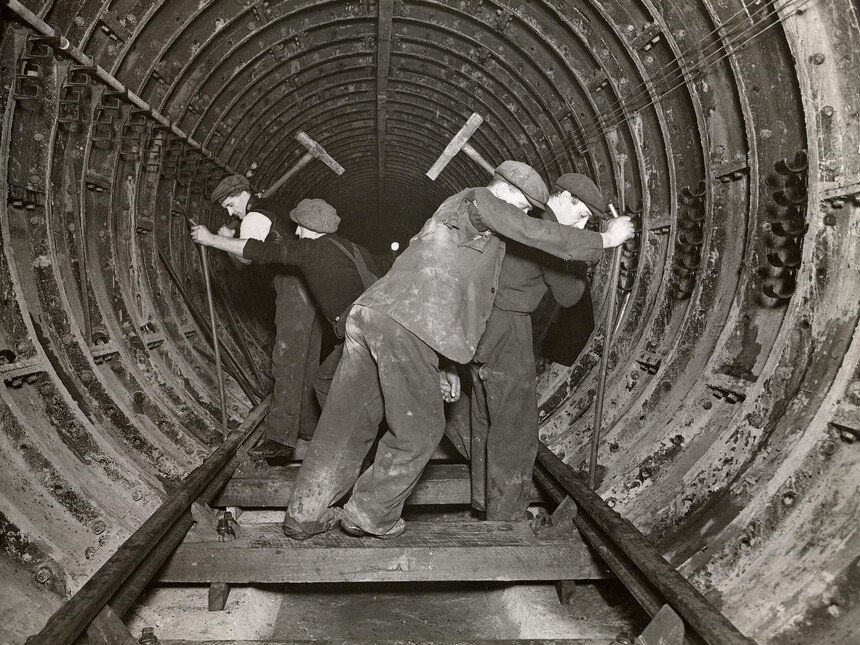 Track laying in a tube tunnel near Highgate Underground station, 1938 ...